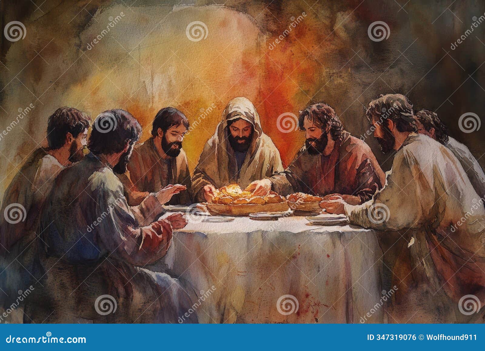 Jesus and His Disciples Breaking Bread Together at the Table. the ...