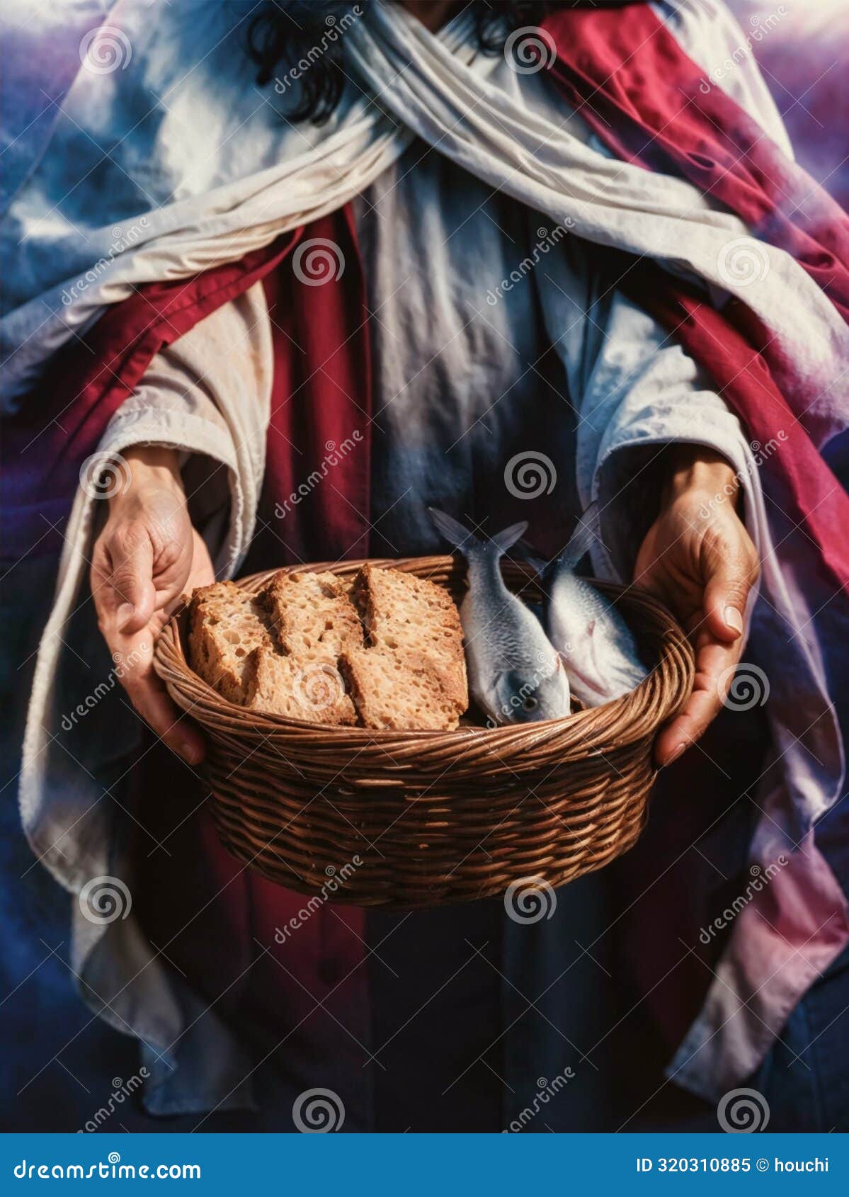 Jesus Holding a Basket with Fish and Bread. Biblical-themed Artwork ...