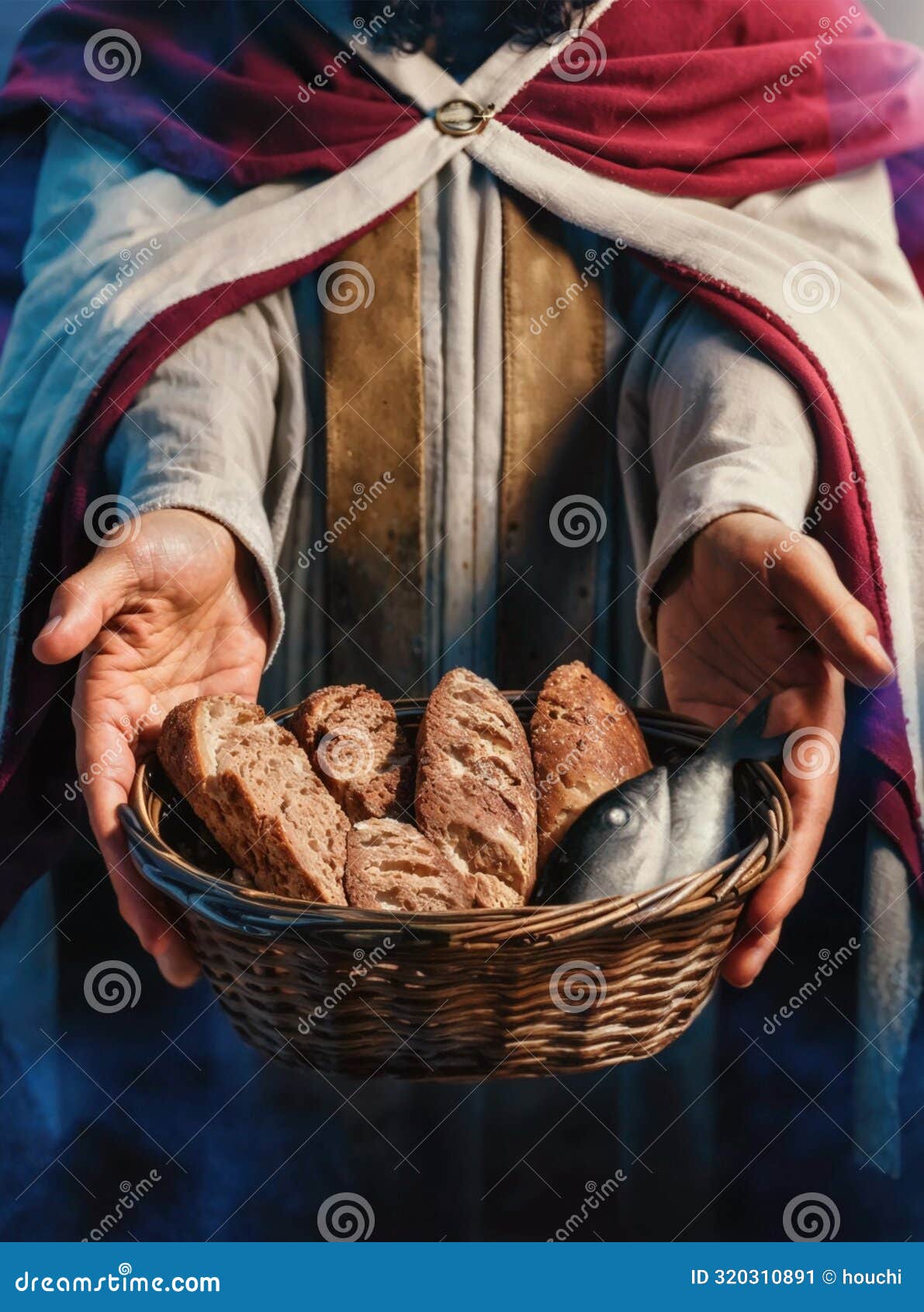 Jesus Holding a Basket with Fish and Bread. Biblical-themed Artwork ...