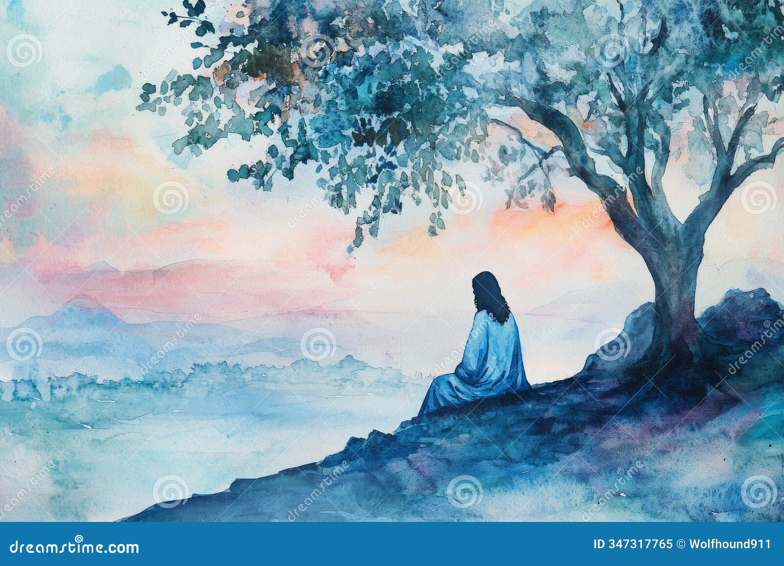 Jesus in a Moment of Prayer Under a Tree at Dawn, the Sky Filled with ...