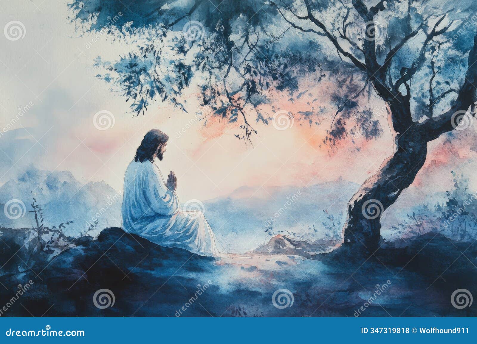 Jesus in a Moment of Prayer Under a Tree at Dawn, the Sky Filled with ...