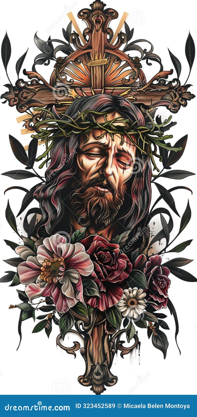 Jesus Portrait with Roses and a Cross Stock Vector - Illustration of ...