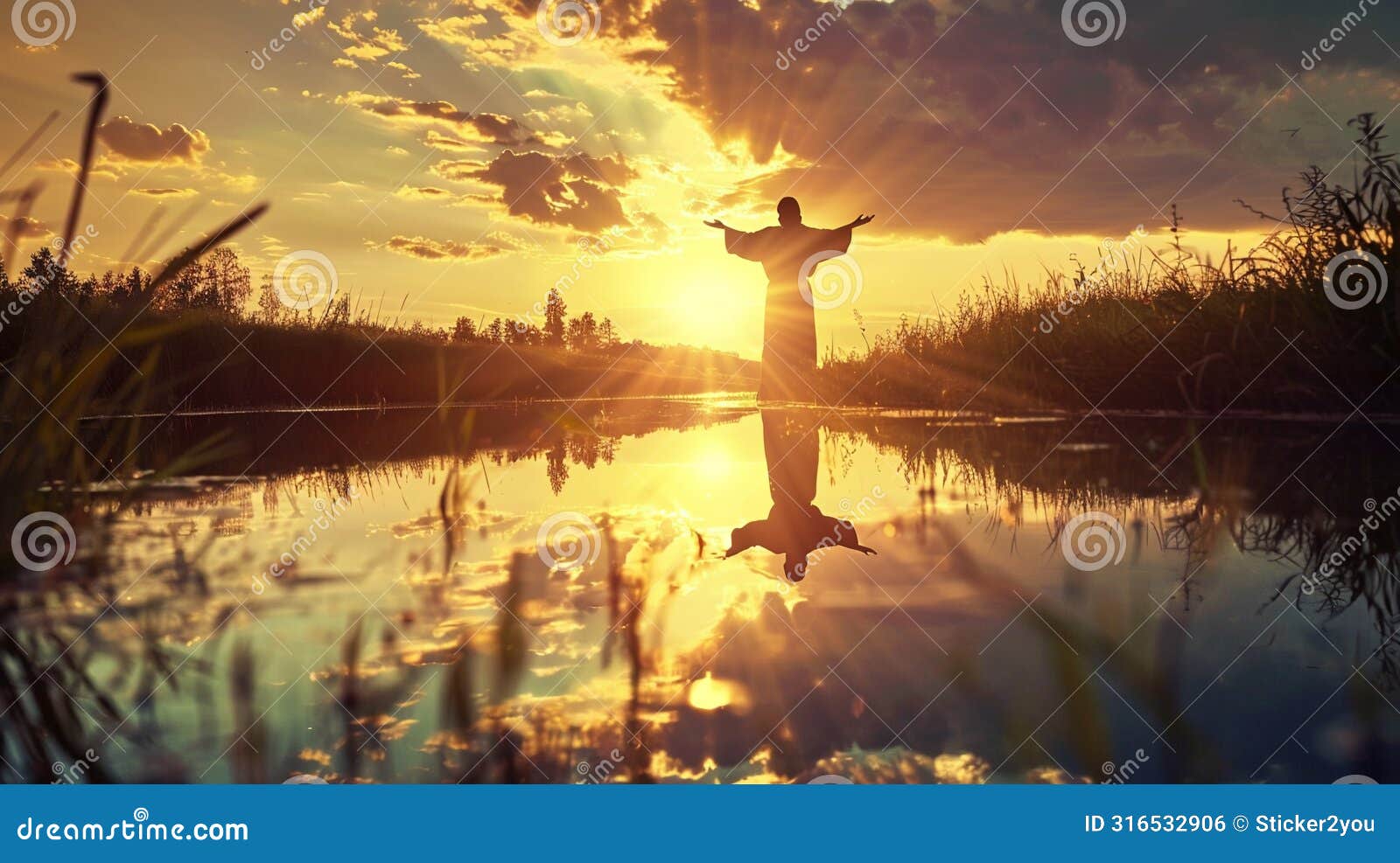 Jesus Reflection Visible in a Still Pond at Sunset Stock Illustration ...