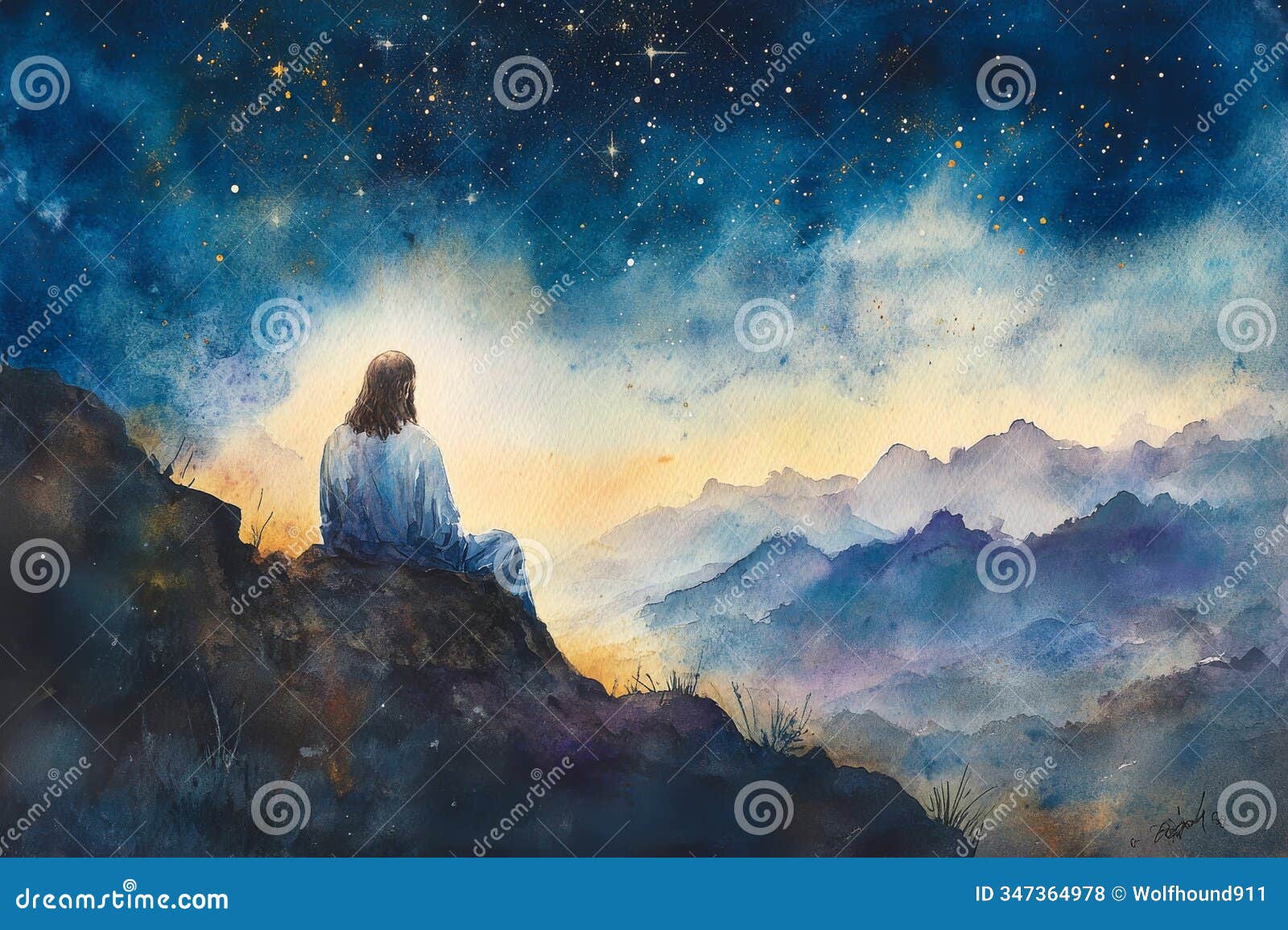 Jesus Sitting on a Mountaintop, Praying Under the Stars, with a Gentle ...