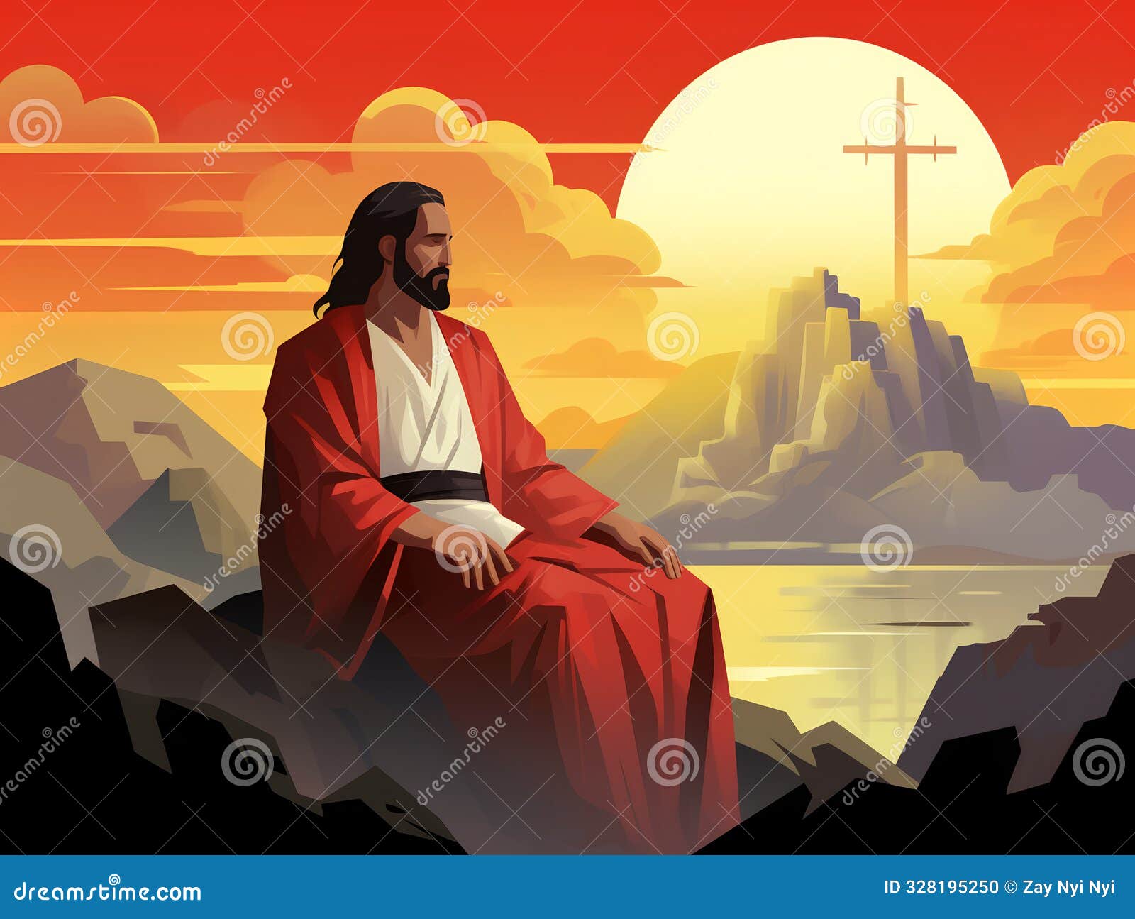 Jesus Sitting Near a River in the Evening Stock Illustration ...