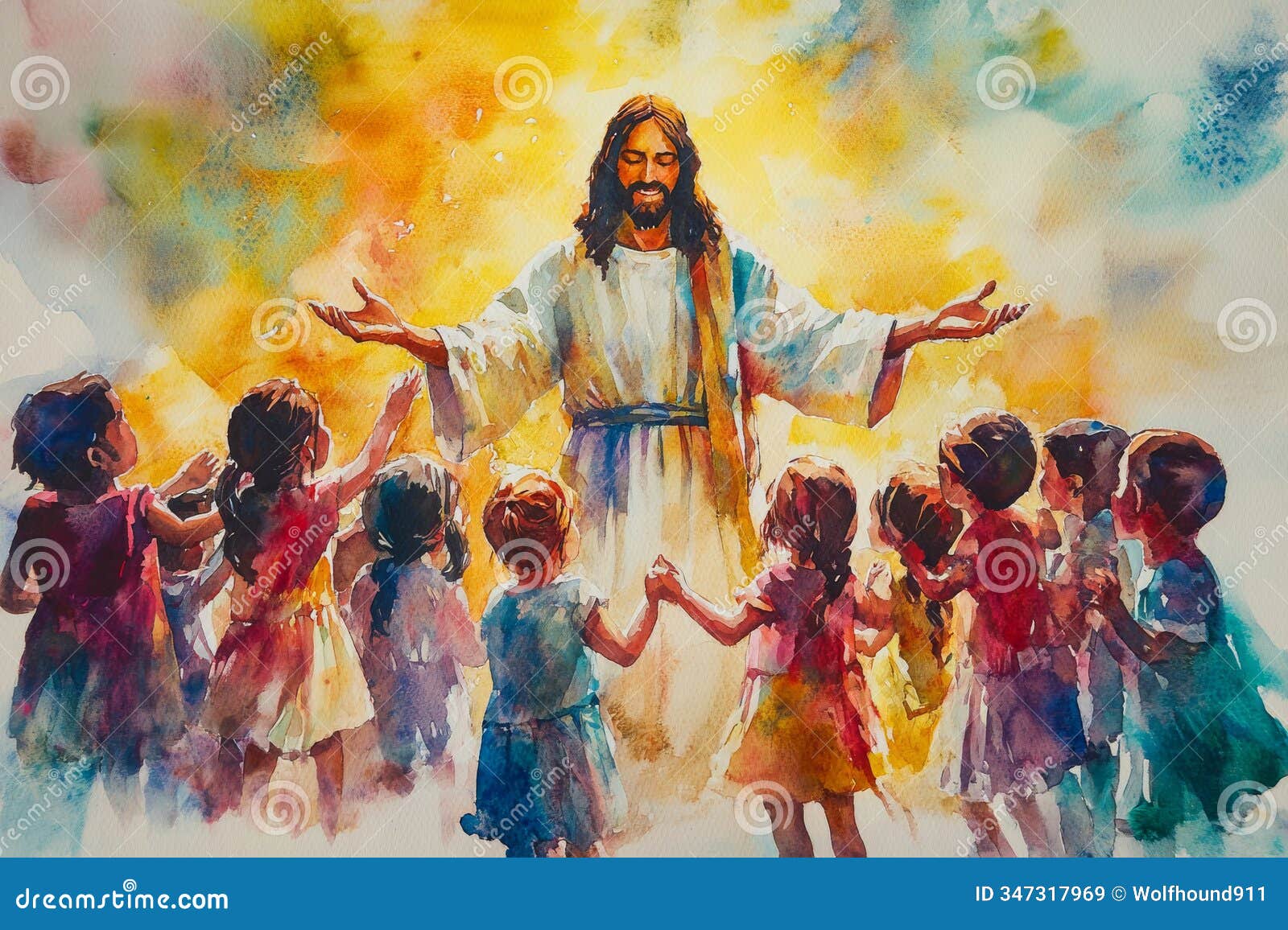 Jesus Surrounded by a Group of Children, His Arms Outstretched in ...