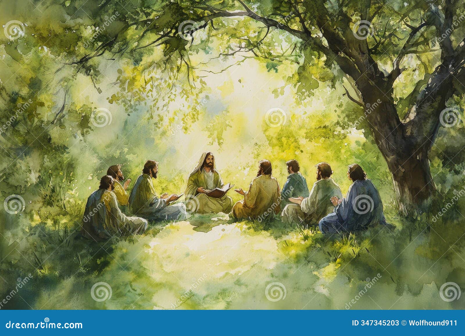 Jesus Teaching His Disciples in a Quiet Garden, the Light Filtering ...
