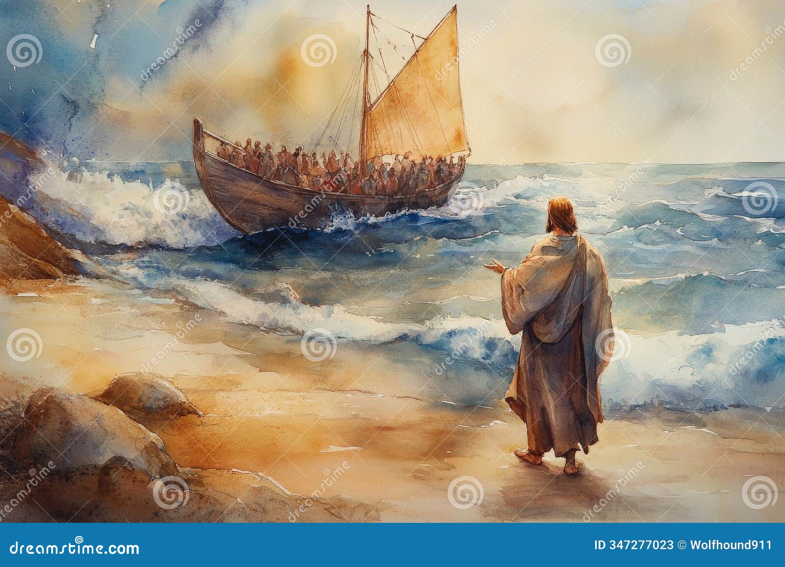 Jesus Teaching the Multitudes by the Shore, with a Boat in the ...