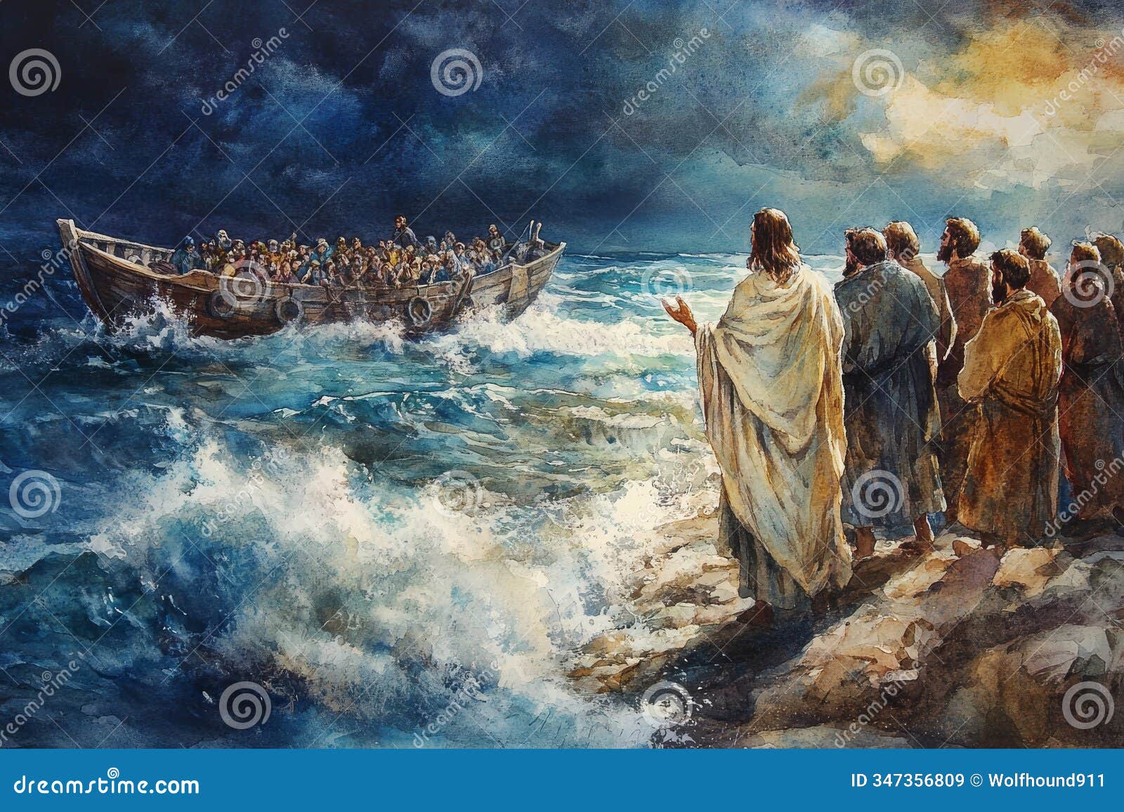 Jesus Teaching the Multitudes by the Shore, with a Boat in the ...