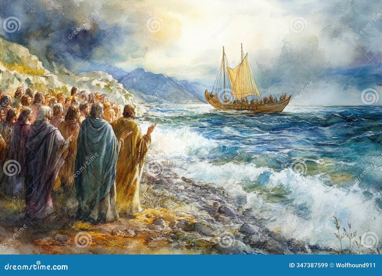 Jesus Teaching the Multitudes by the Shore, with a Boat in the ...
