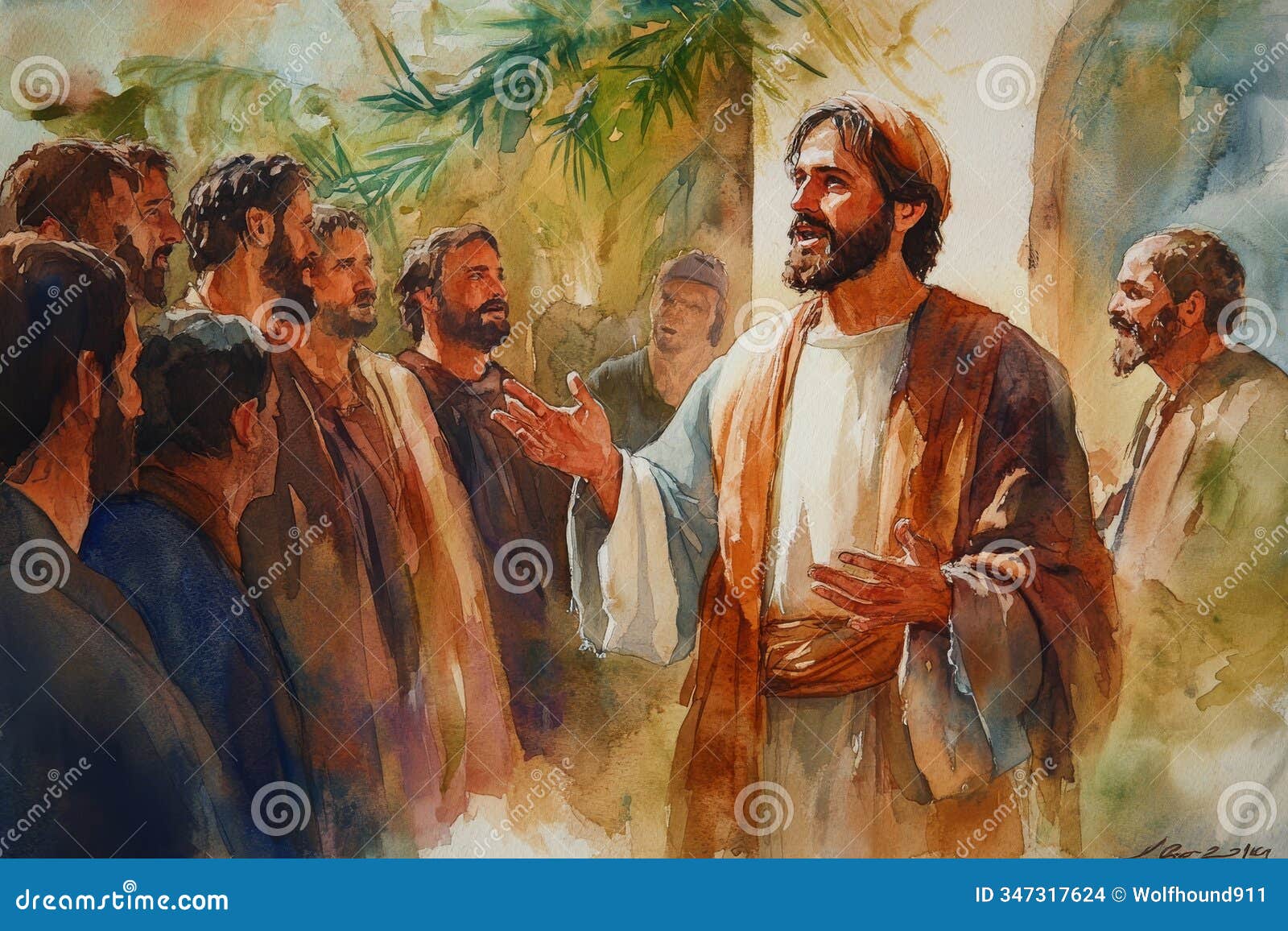 Jesus Teaching with a Simple, Open Hand Gesture, Surrounded by a Group ...