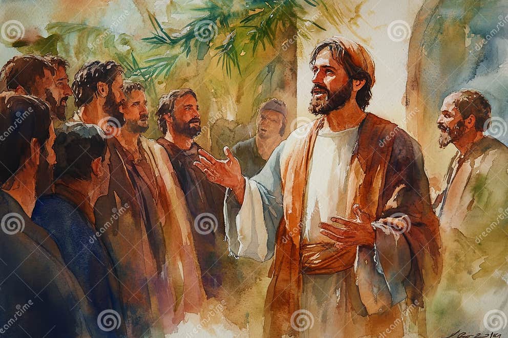Jesus Teaching with a Simple, Open Hand Gesture, Surrounded by a Group ...
