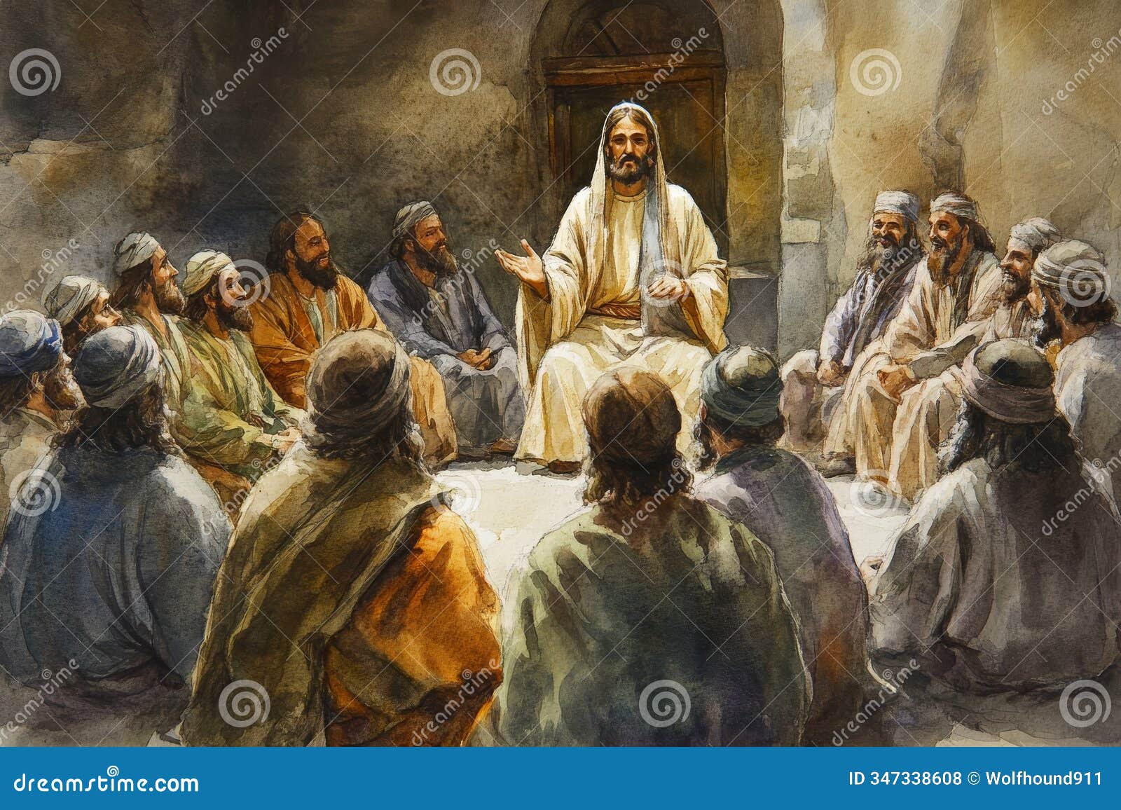 Jesus Teaching with a Simple, Open Hand Gesture, Surrounded by a Group ...
