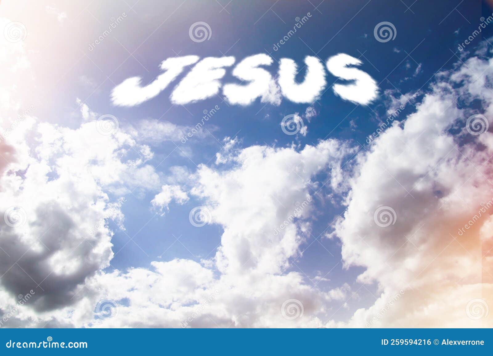Jesus. Text from Clouds in Sky in Bright Sunlight Stock Photo - Image ...