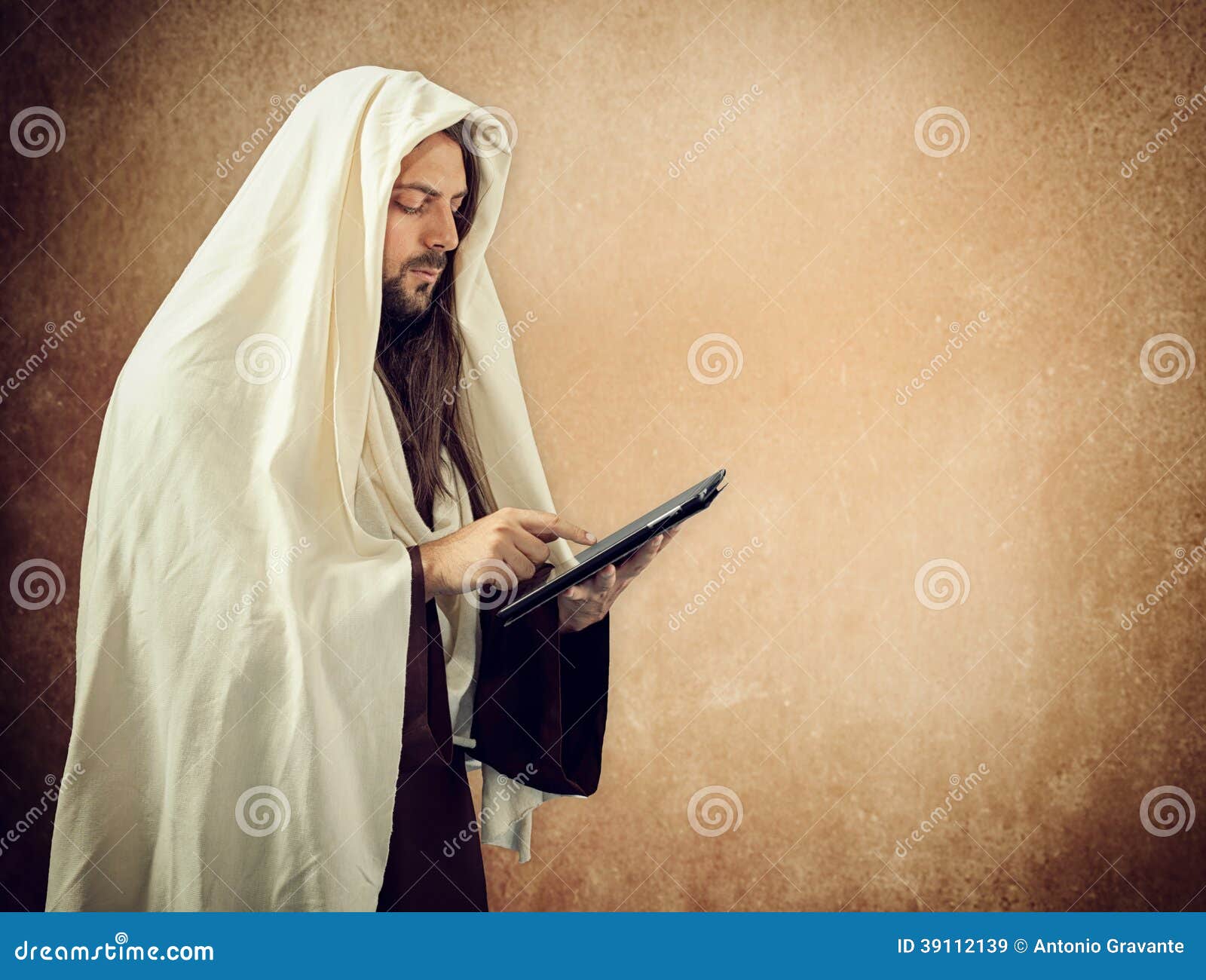 Jesus uses the tablet stock image. Image of cover, message - 39112139