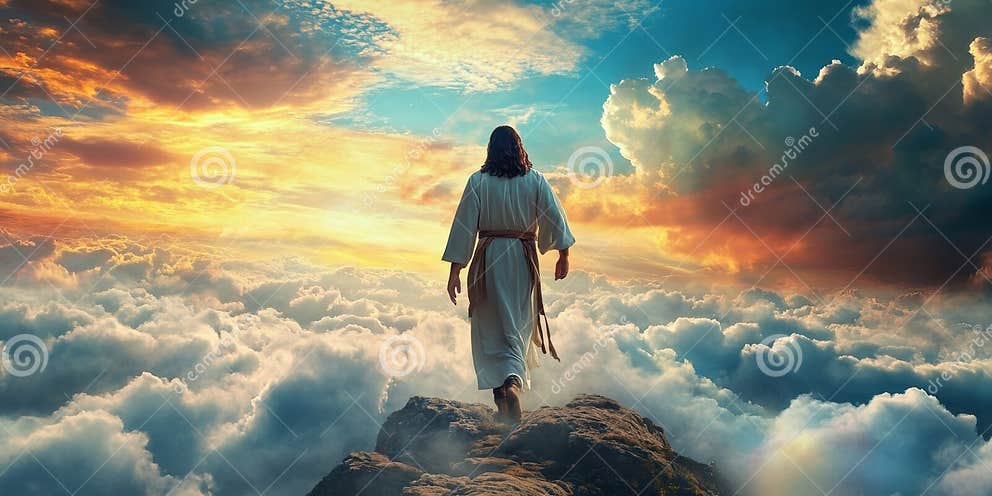 Jesus Walking on the Clouds. Generative AI. Stock Illustration ...