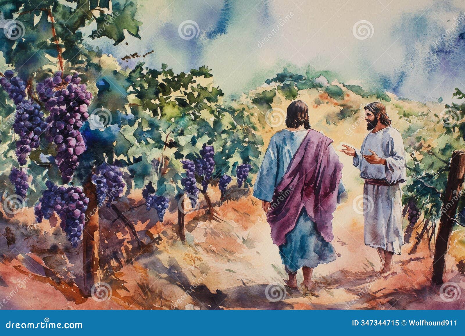 Jesus Walking through a Vineyard, Speaking with a Farmer about the ...