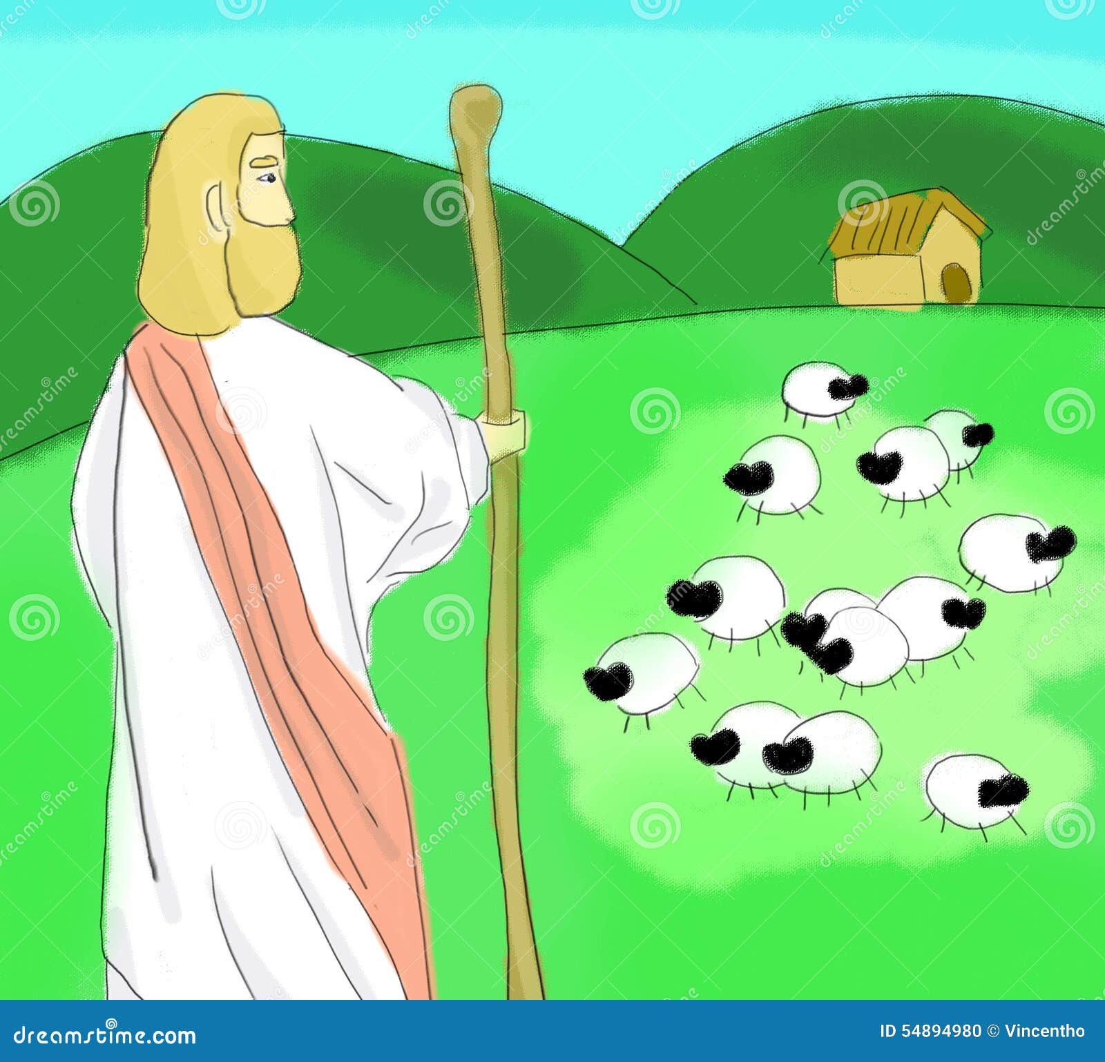 Jesus Watching Over the Sheep Stock Illustration - Illustration of ...