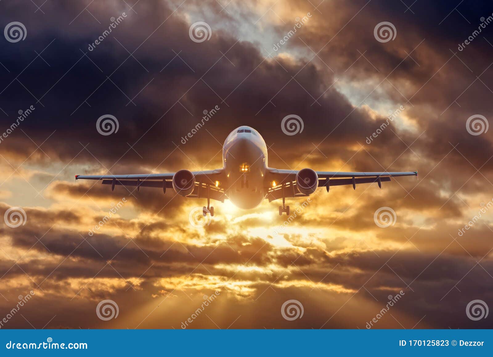 Jet Aircraft Flying Over Dramatic Sunset Dark Clouds Sky, Fastest Mode ...