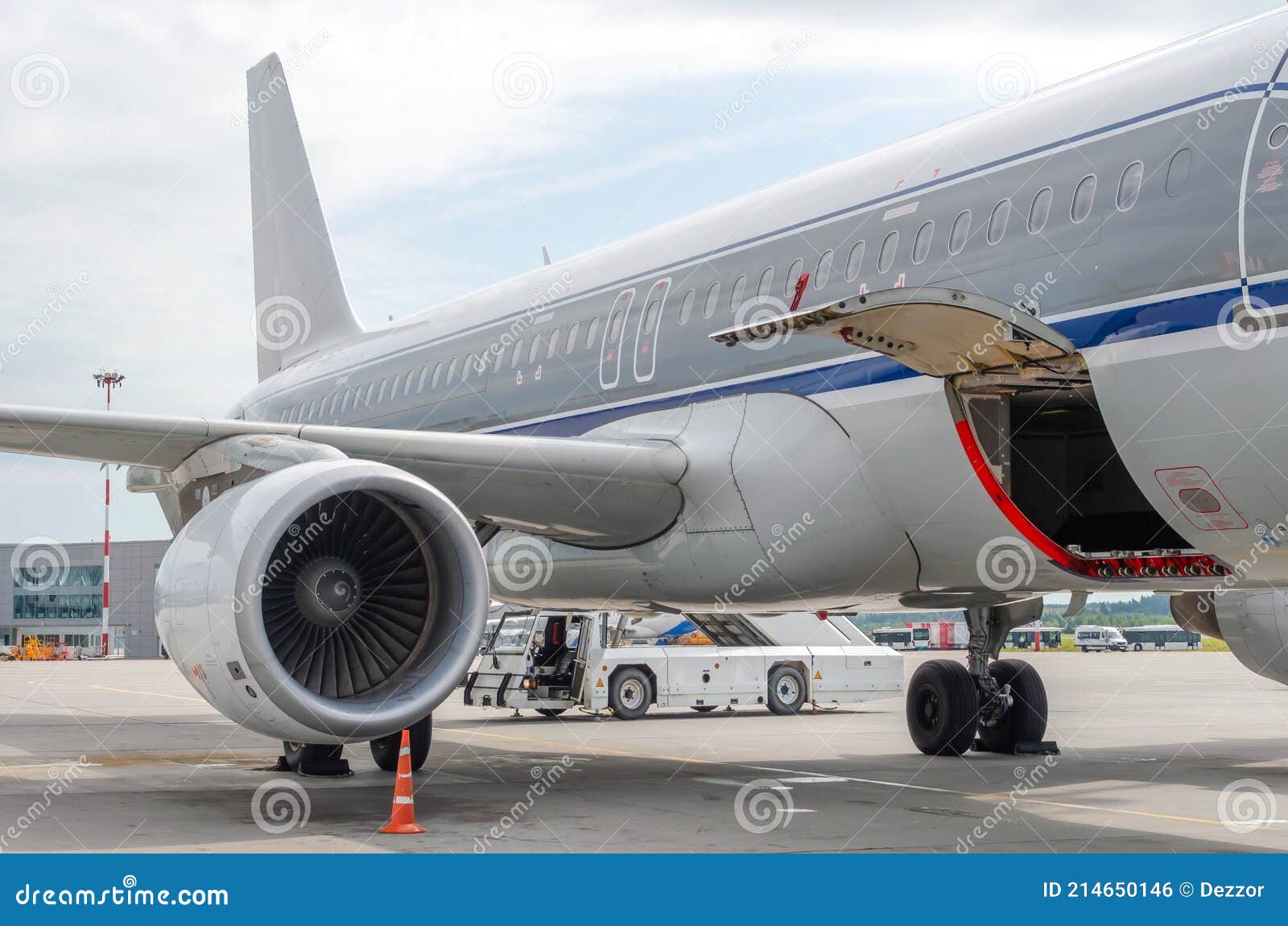 Jet Aircraft with Open Luggage Compartment and Wing View with Engine ...