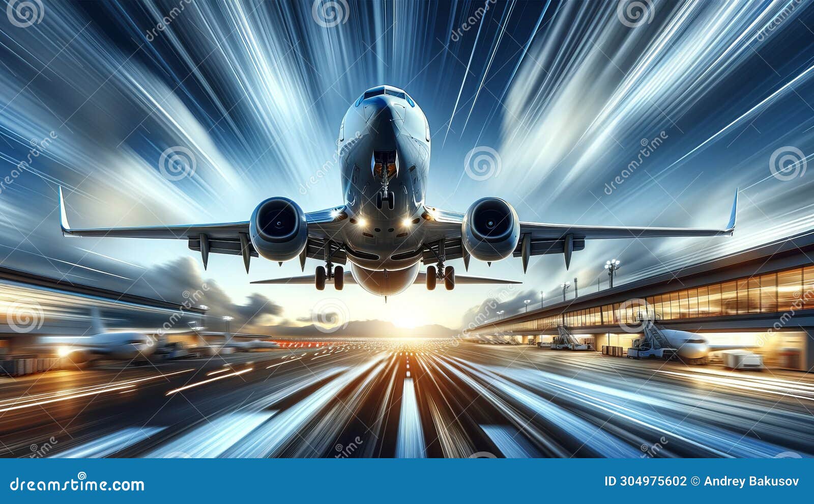 Jet Airliner Accelerating on Runway at Dusk Stock Photo - Image of ...