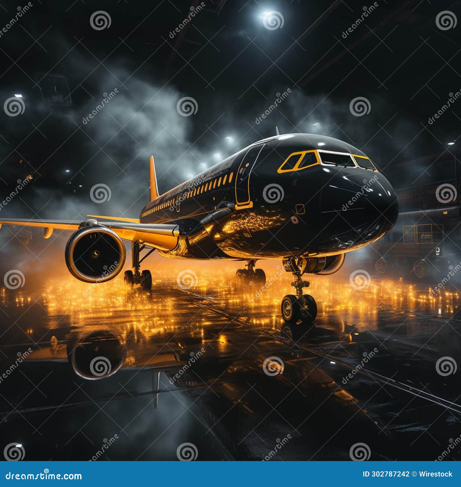Jet Airliner on Illuminated Runway at Night, Illuminated by Bright ...