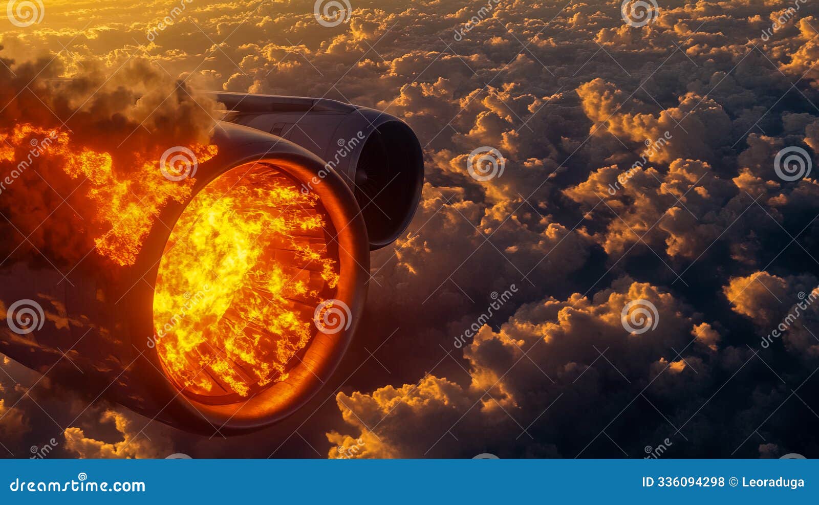 A Jet Engine on Fire in the Sky Above the Clouds Stock Illustration ...