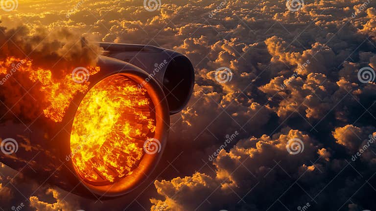 A Jet Engine on Fire in the Sky Above the Clouds Stock Illustration ...