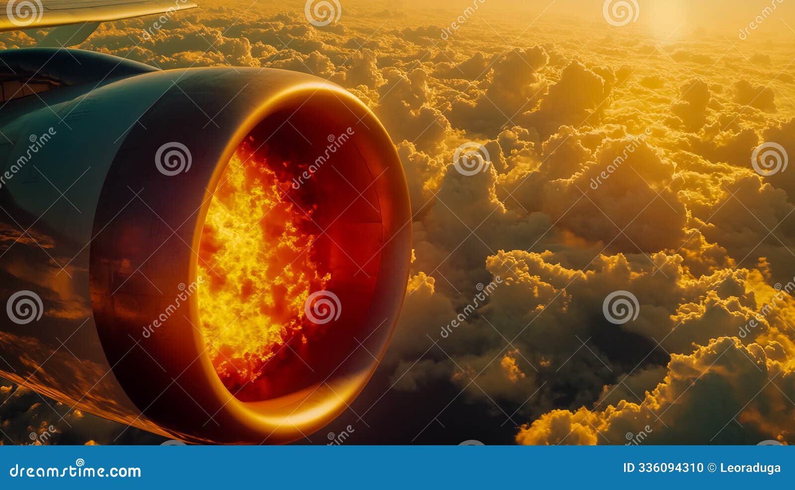 A Jet Engine on Fire in the Sky Above the Clouds Stock Illustration ...