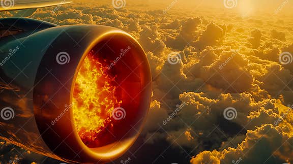 A Jet Engine on Fire in the Sky Above the Clouds Stock Illustration ...