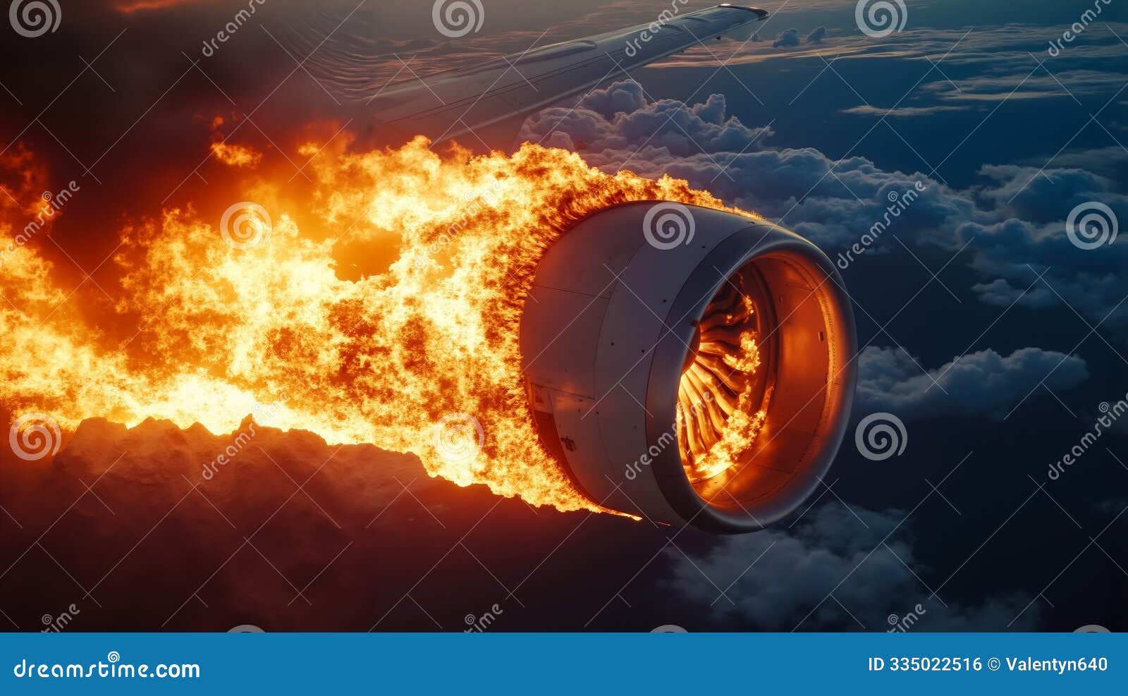 A Jet Engine on Fire in the Sky Above the Clouds Stock Photo - Image of ...