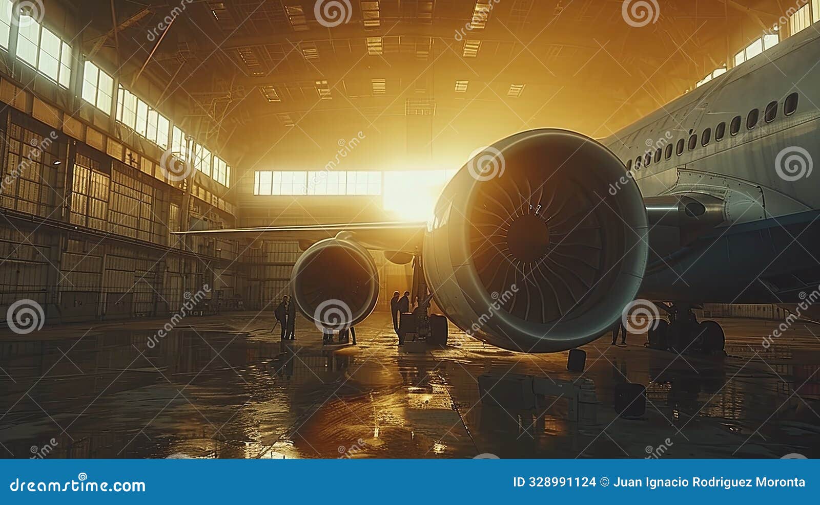 Jet Engine Maintenance in Aircraft Hangar at Sunrise Stock Illustration ...