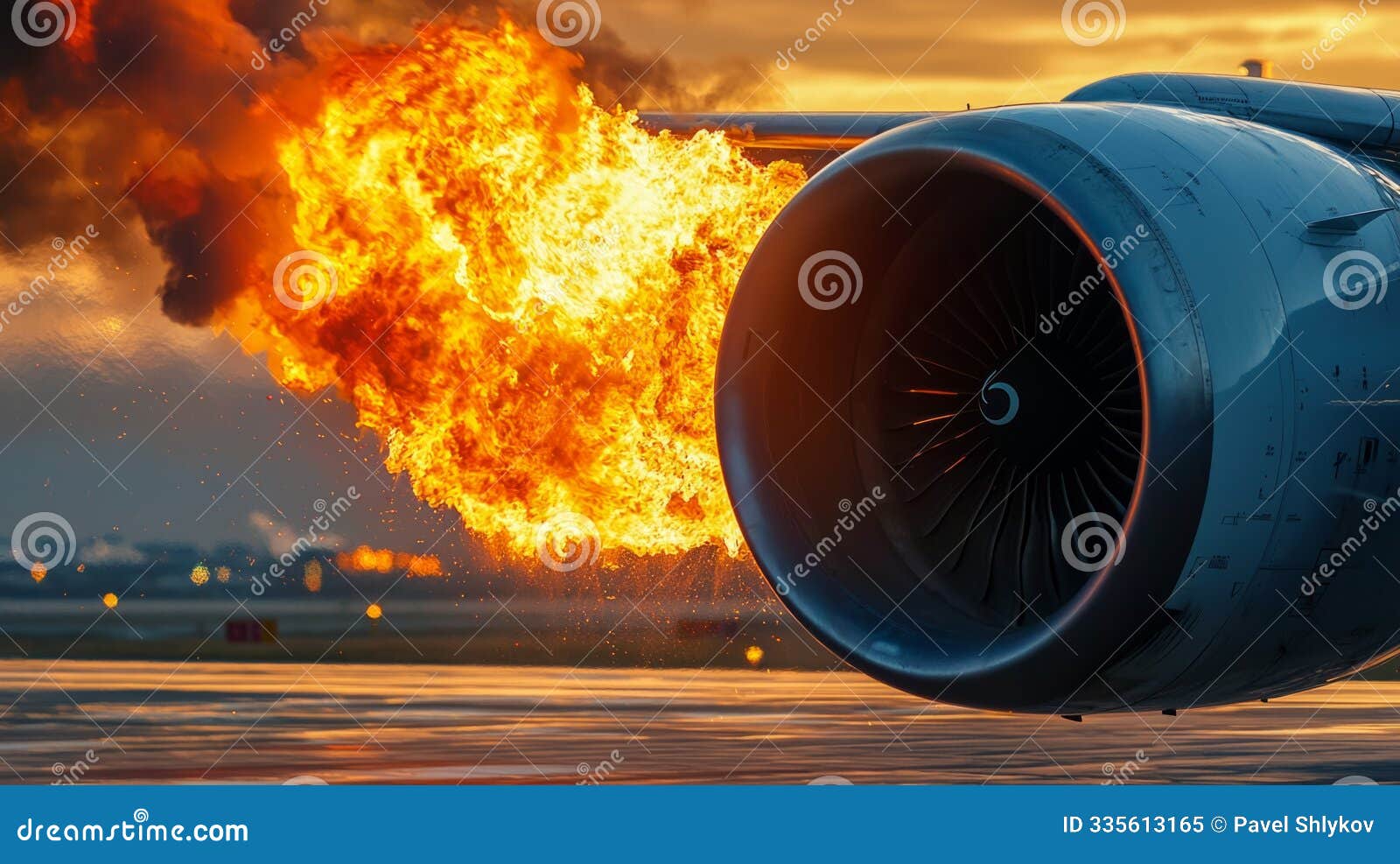 Jet Engine of Modern Aircraft in Fire. Stock Image - Image of runway ...