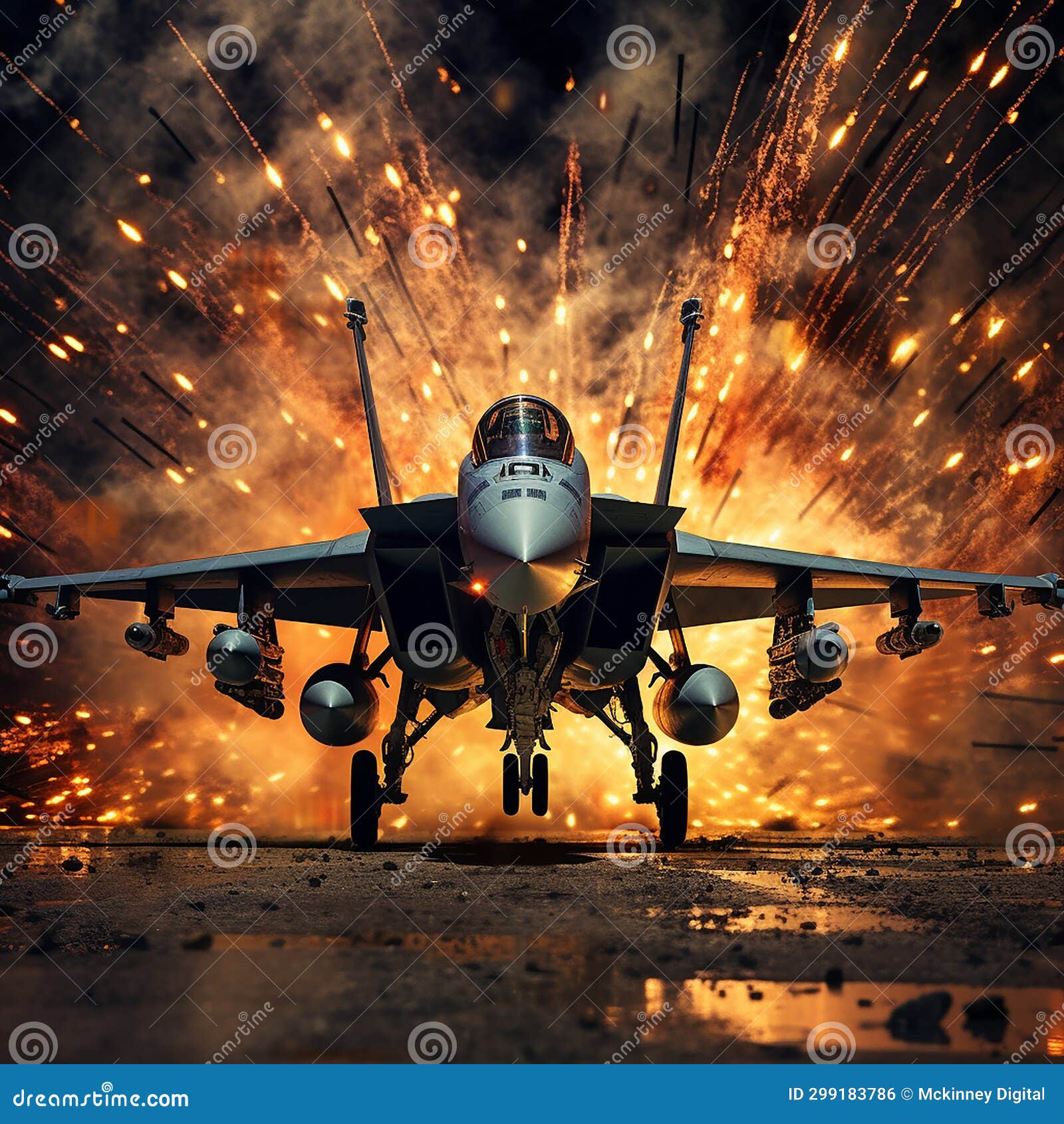 A Jet Taking Off with an Explosion Behind it at Night. Stock ...