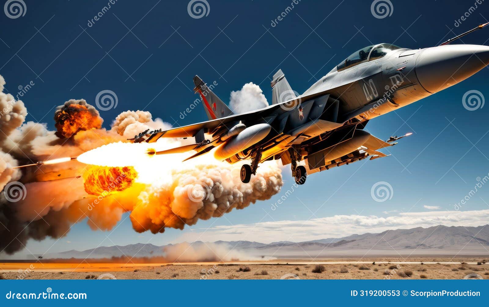 Jet Fighter Ejecting Flares Over Desert Stock Image - Image of combat ...
