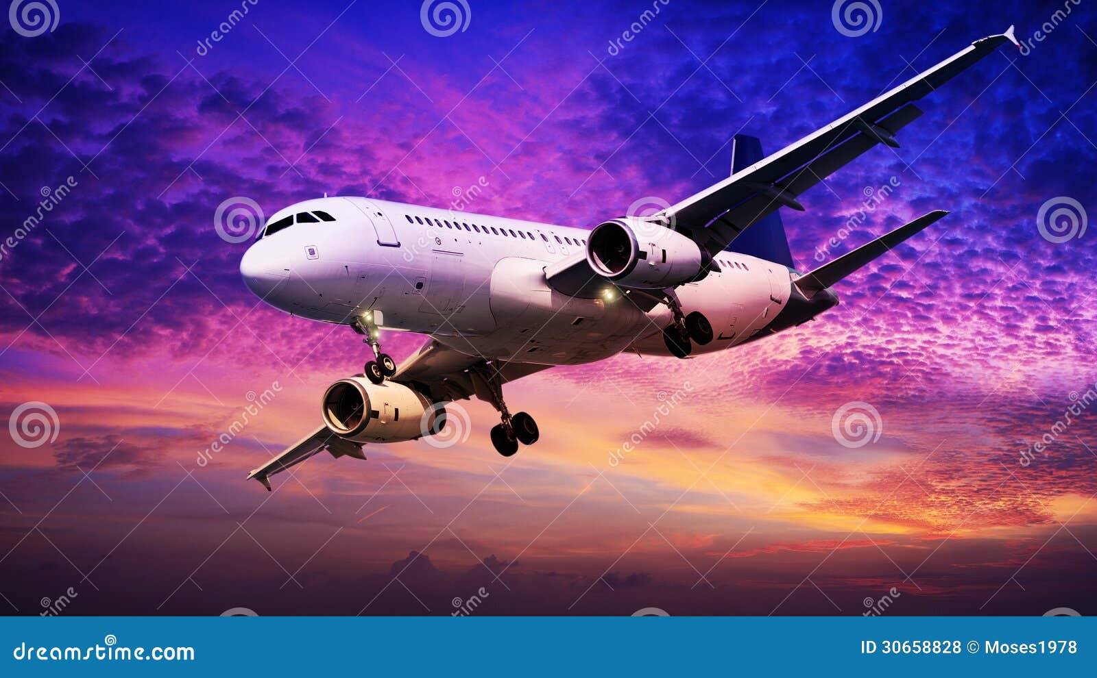 Jet in Flight at Sunset Time Stock Photo - Image of orange, panoramic ...