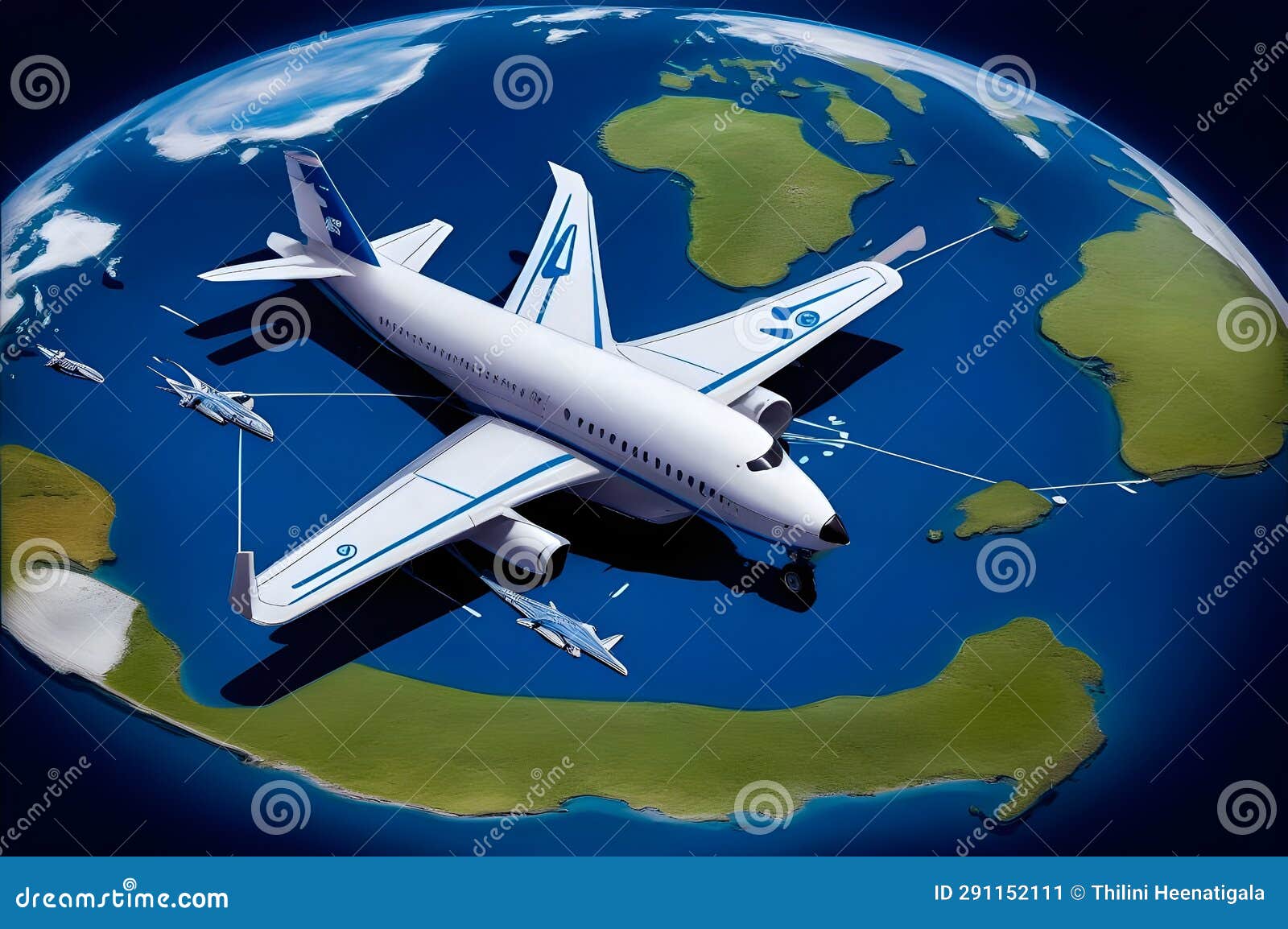 A Jet Going Around the World Map, Isolated in Blue Background Stock ...
