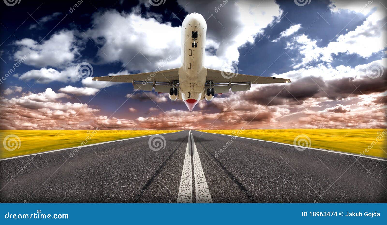 Jet plane above runway stock photo. Image of cloudy, sunshine - 18963474