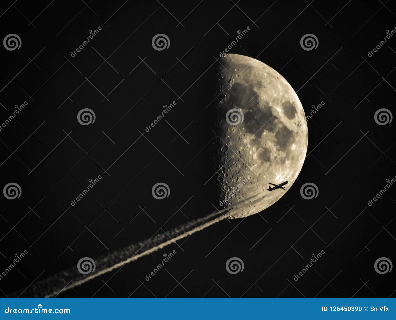 Jet Plane in Front of the Half Moon Stock Photo - Image of plane ...