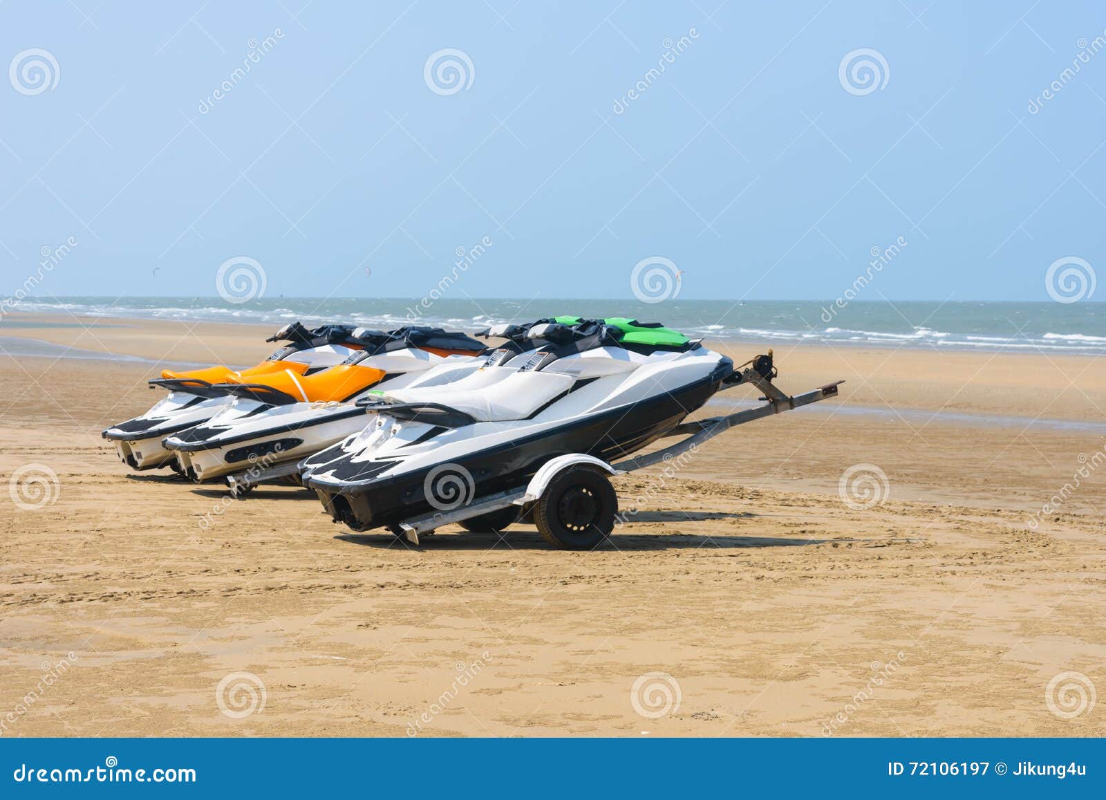 Jet ski boats stock image. Image of trailers, beach, green - 72106197