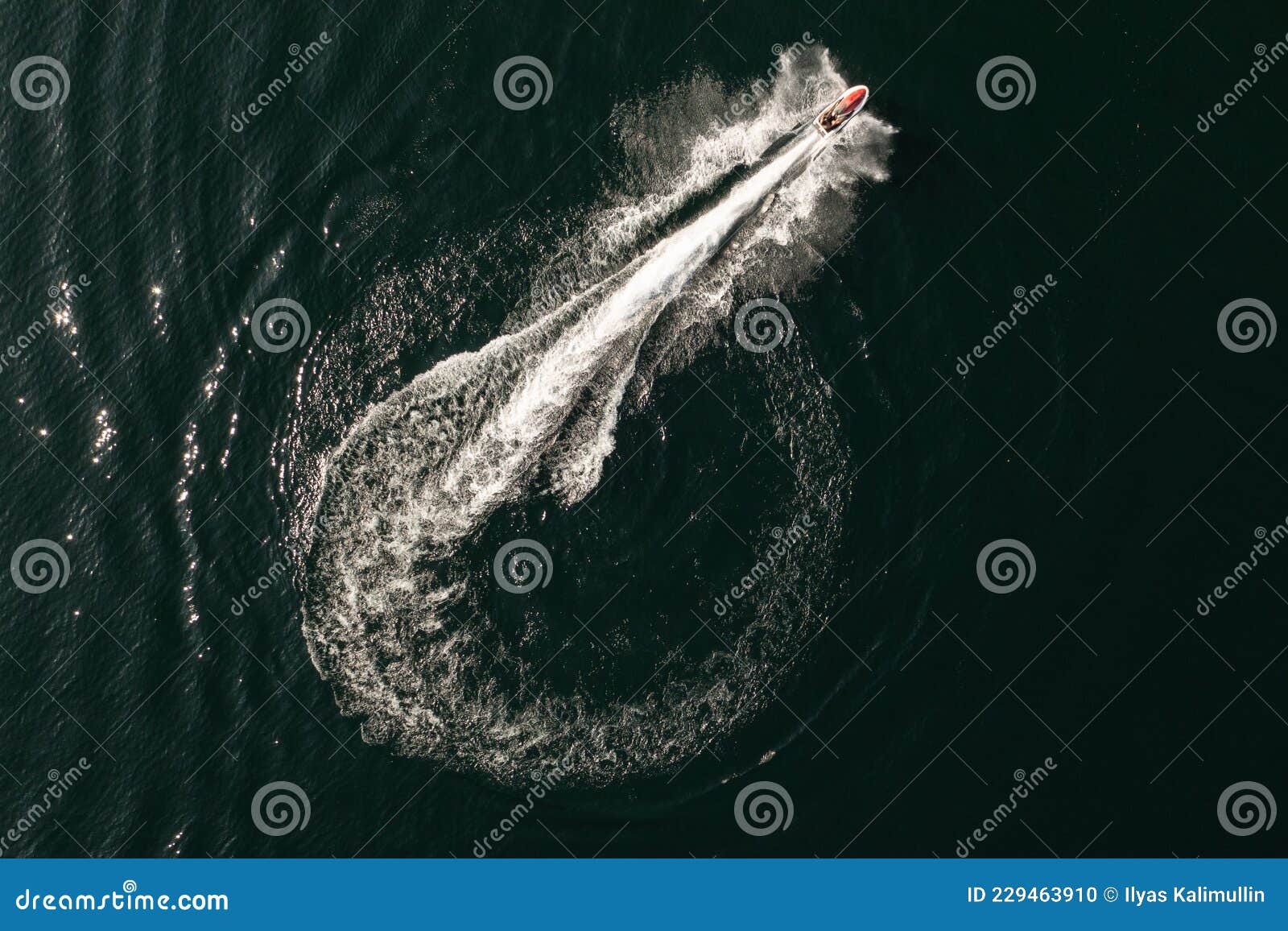 Jet-ski with Circle Wake on a Water Surface. Top View from Drone Stock ...