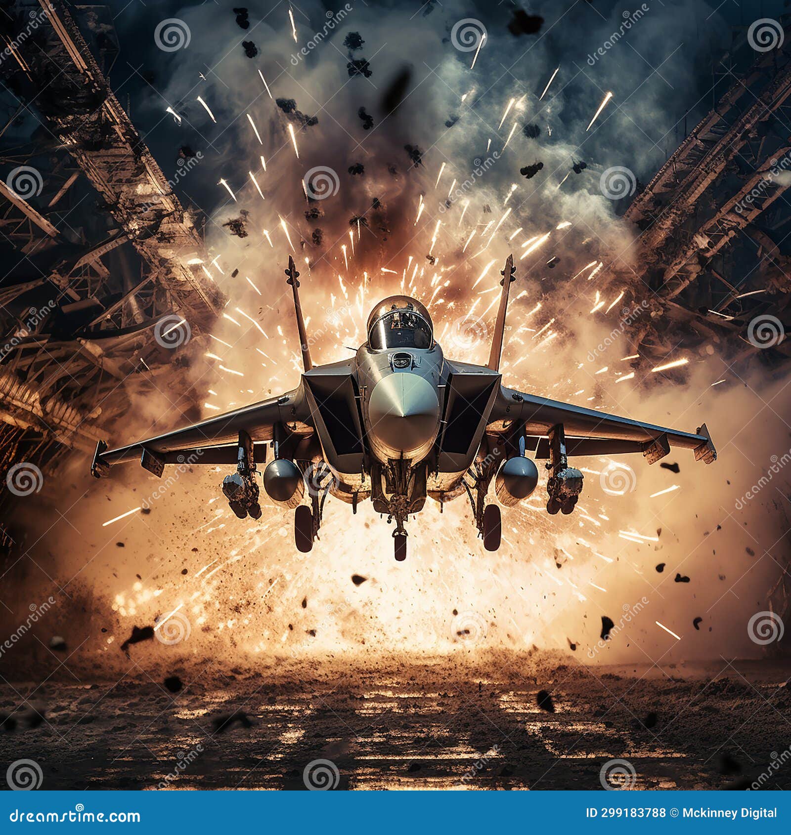 A Jet Taking Off with an Explosion Behind it at Night. Stock ...