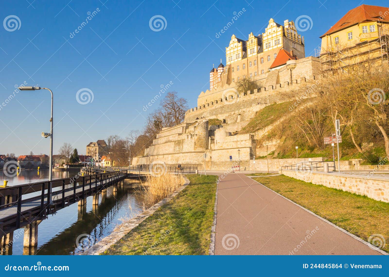 Jetty and Bicycle Path at the Riverside in Bernburg Stock Photo - Image ...