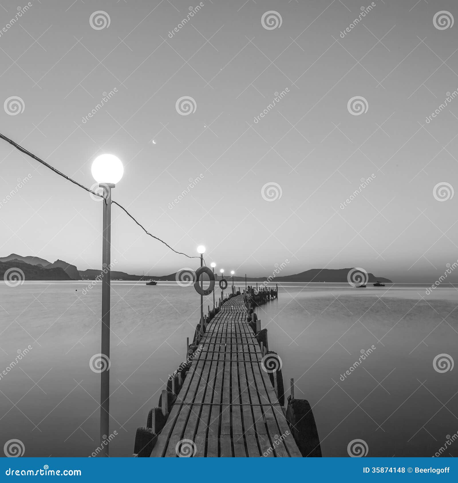 Jetty on Sea at Dawn. Black and White Stock Photo - Image of coast ...