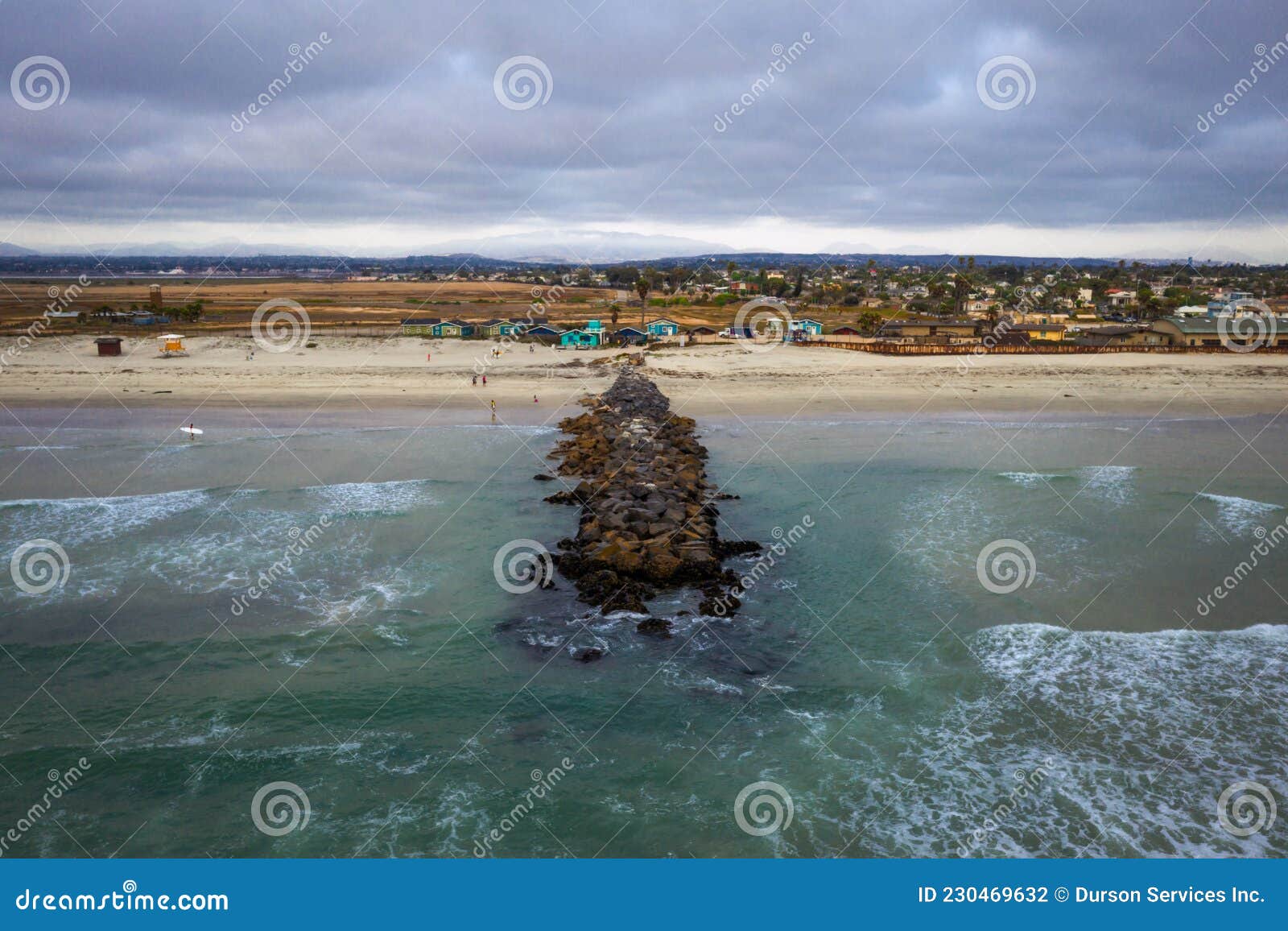 Jetty, Surfers and Beach Bungalows in Imperial Beach, Drone Stock Photo ...