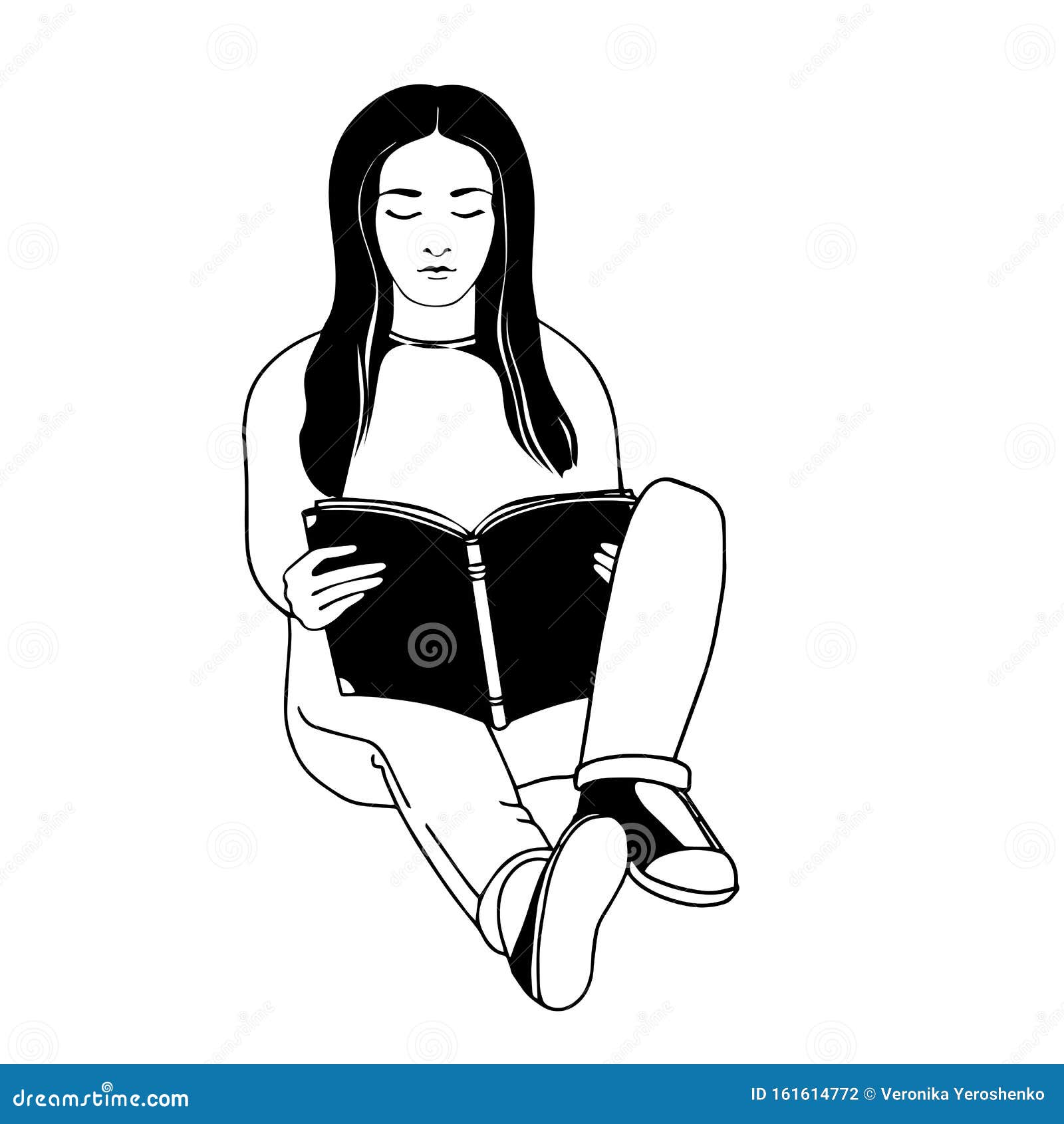 Jeune Femme Avec Un Livre Fille Assise Et En Train De Lire Vecteur
