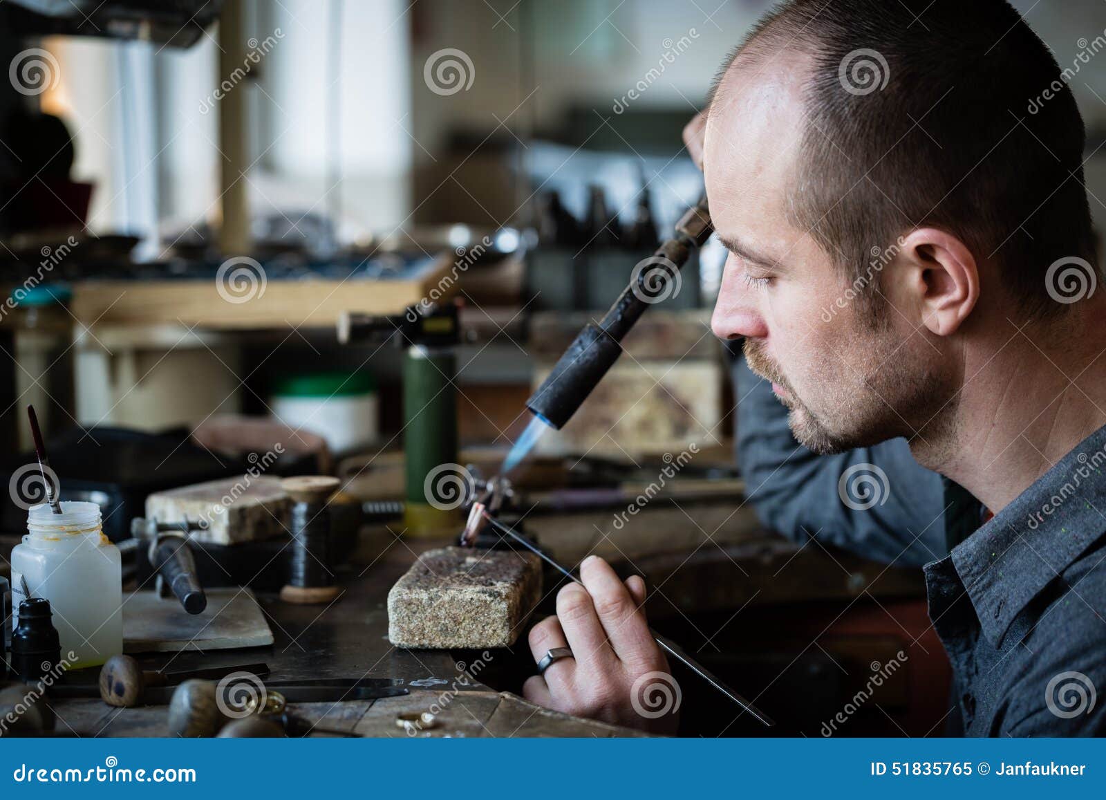 Jeweler Silver Soldering in His Workshop. Stock Image - Image of fitter ...