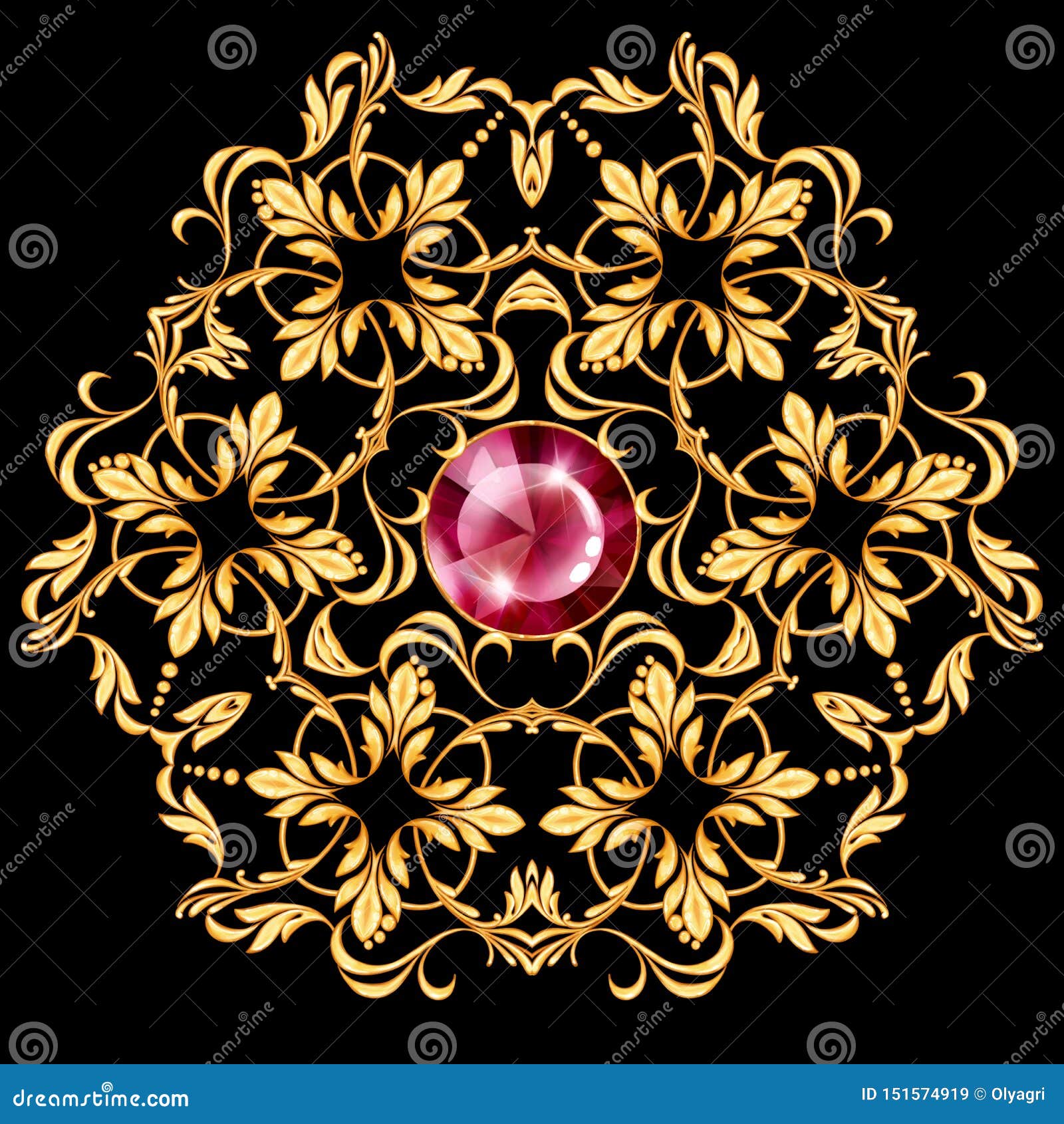 Jewelry Composition with Golden Scrolls and Ruby Stock Illustration ...