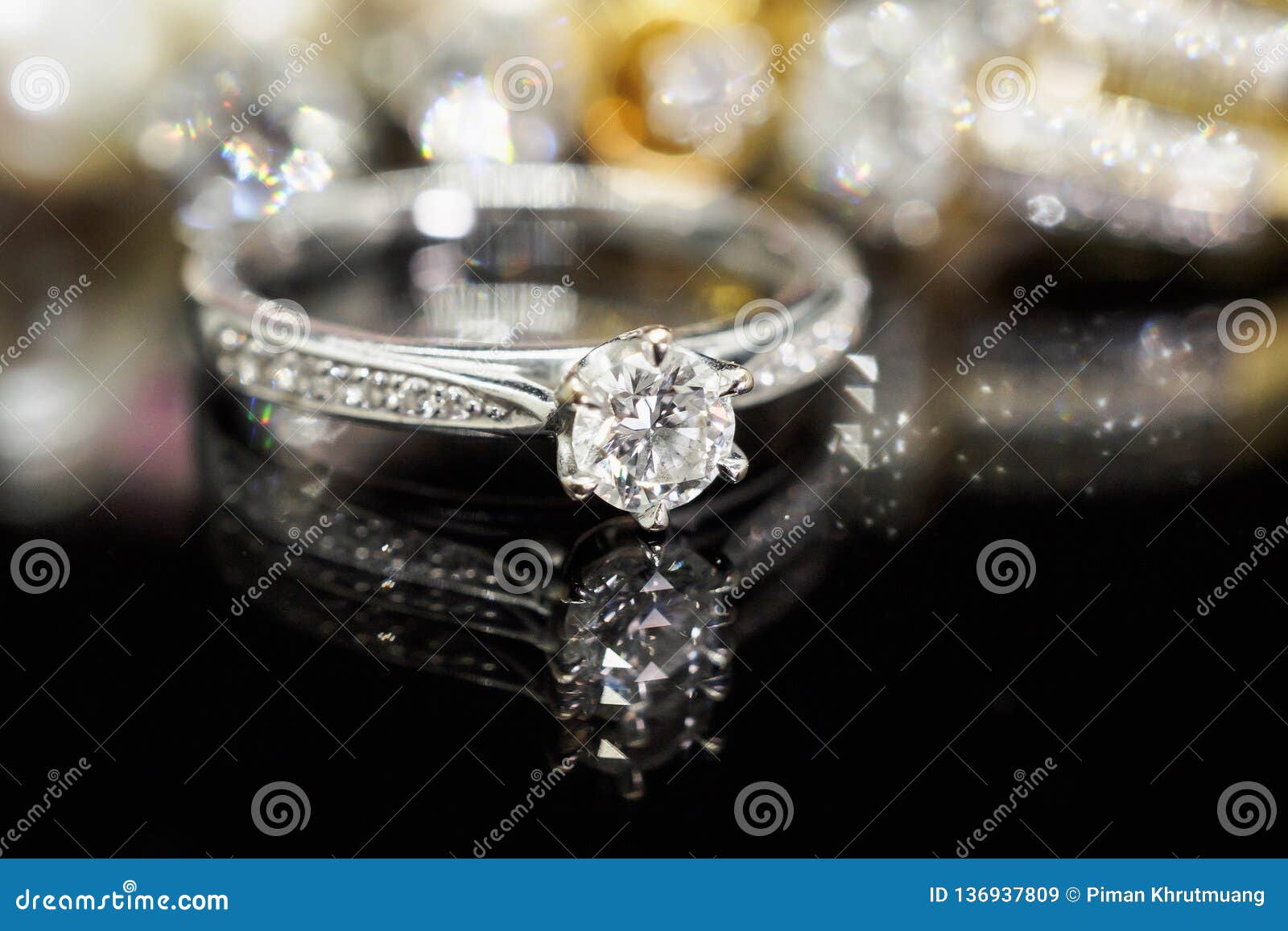 Jewelry Diamond Rings with Reflection on Black Stock Image - Image of ...