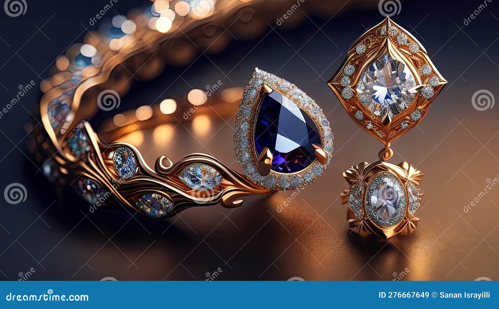 Jewelry Gold Ring with Blue Gemstones. Ai Generated Stock Illustration ...